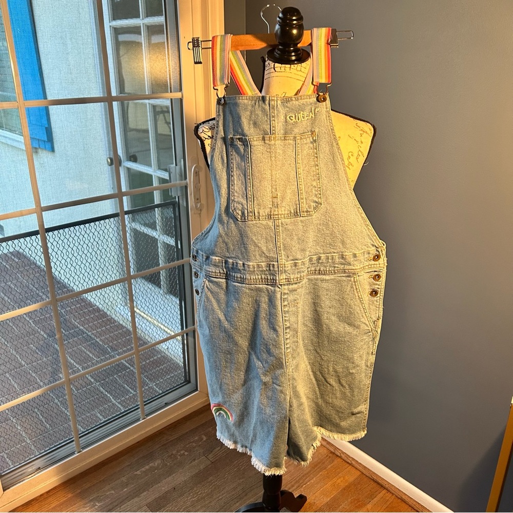 Content Queen Take Pride Cut Off Overall Shorts Rainb… - Gem